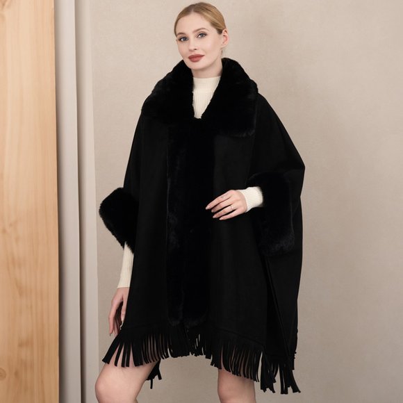 Jackets & Coats | Faux Fur Trimmed Solid Fringe Ruana Poncho | Poshmark